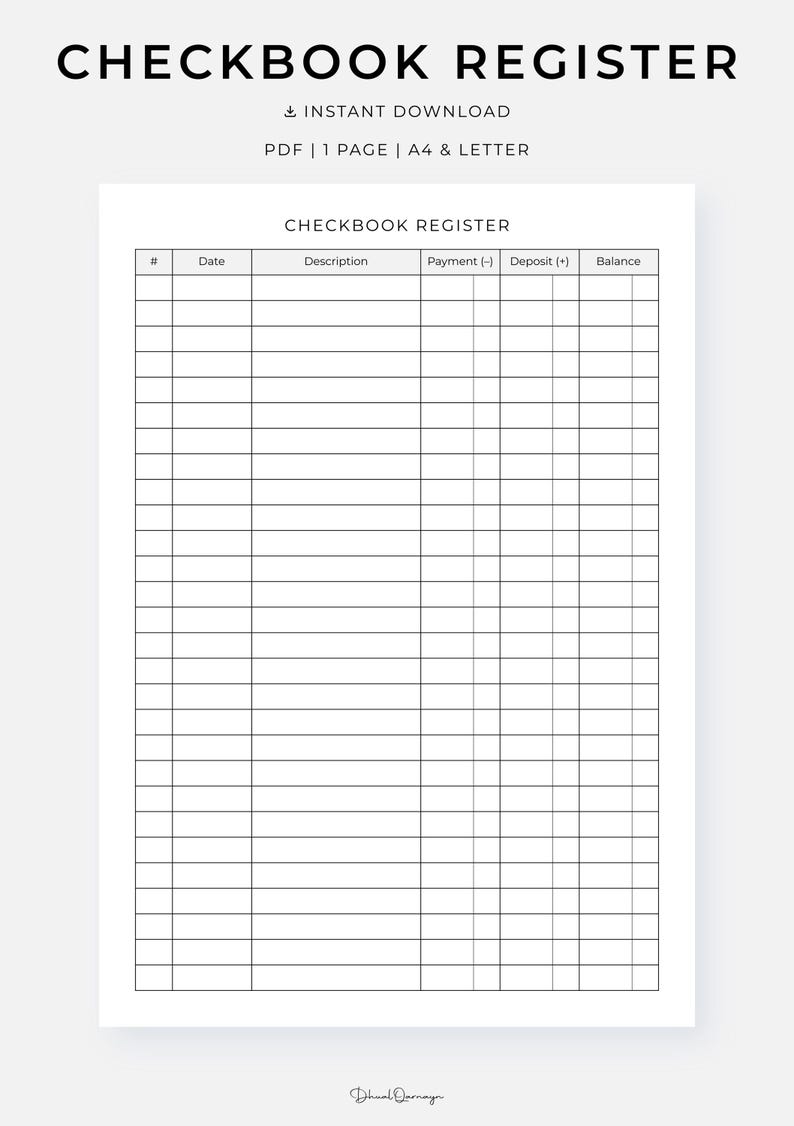 Checkbook Register Printable PDF, Check Registers for Personal ...