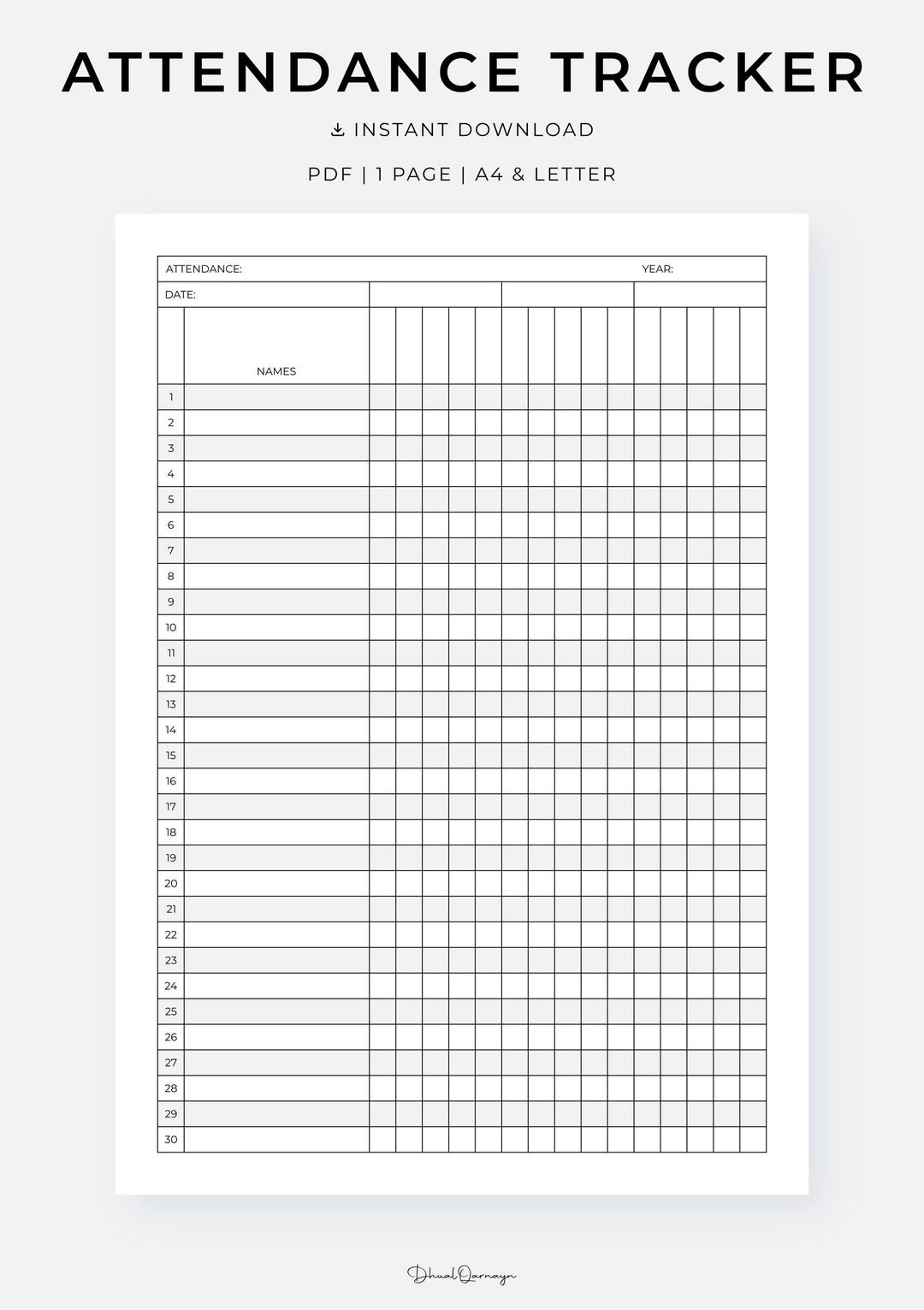 Attendance Tracker Printable PDF, Attendance Tracking Chart for ...