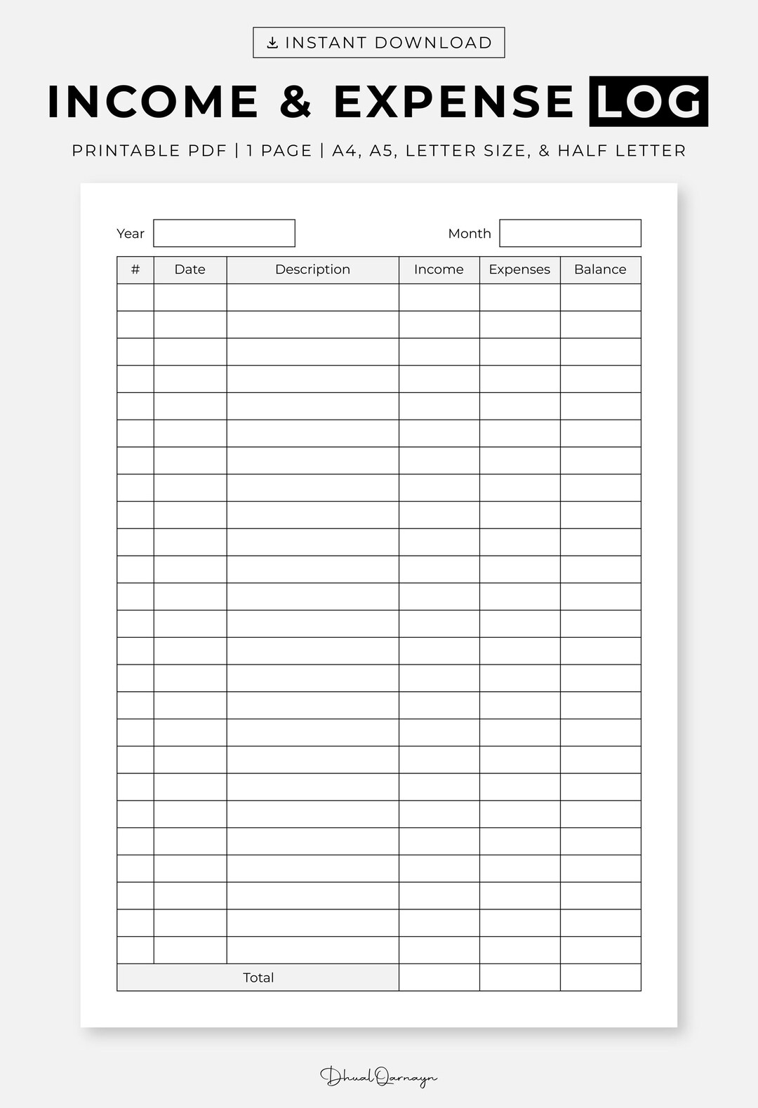 Income & Expense Log Printable, Income and Expense Tracker for Small ...
