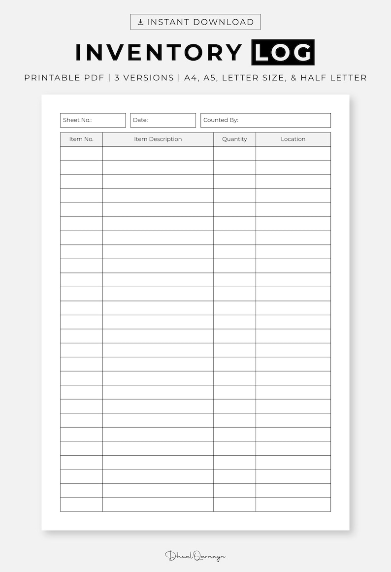 Inventory Log Printable, Simple Inventory Tracker for Small Business and Personal Use, Product ...
