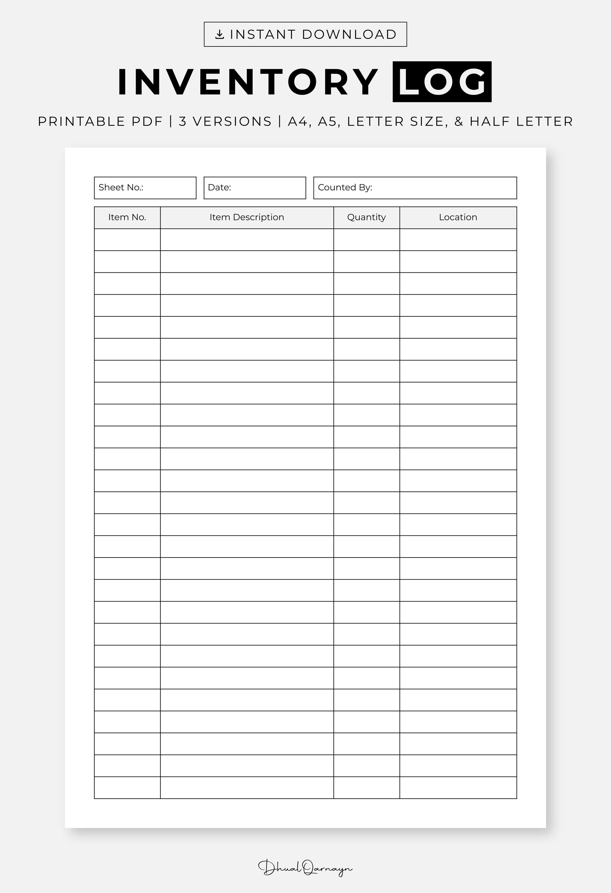 Inventory Log Printable, Simple Inventory Tracker for Small Business ...