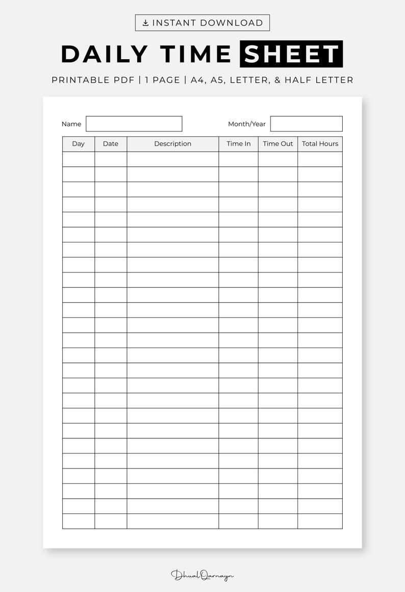 Daily Time Sheet Log Printable, Daily Employee Time Sheet, Work Hours ...