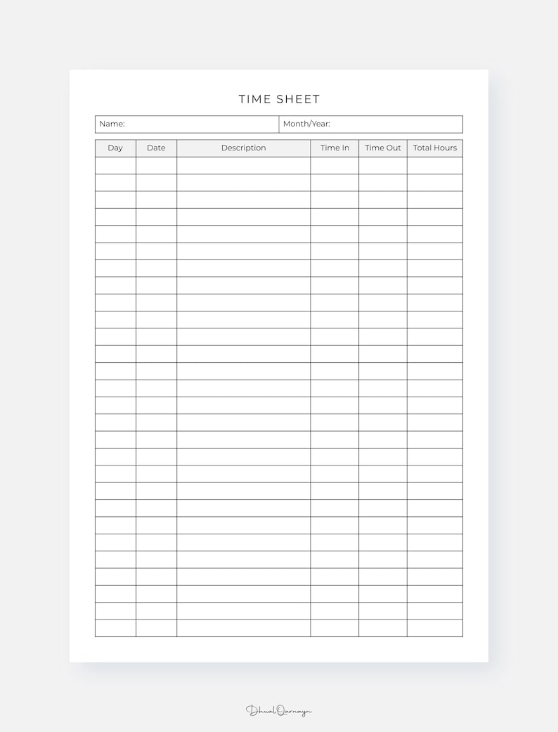 Printable Time Sheet, Employee Time Sheet, Work Hours Log, Timekeeping Sheet, PDF, A4/letter ...