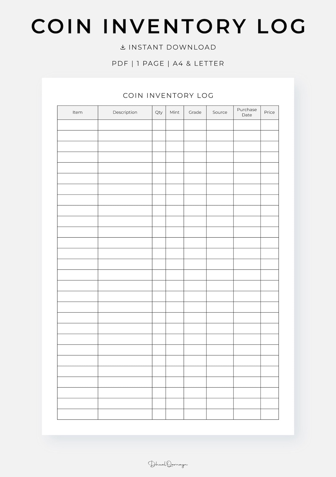 Coin Inventory Log, Printable Coin Collecting Log, PDF, A4/letter ...