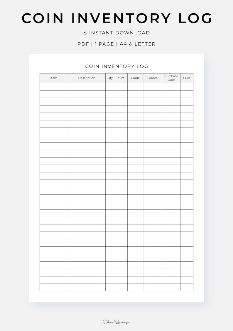 Coin Inventory Log, Printable Coin Collecting Log, PDF, A4/letter, Instant Download - Etsy