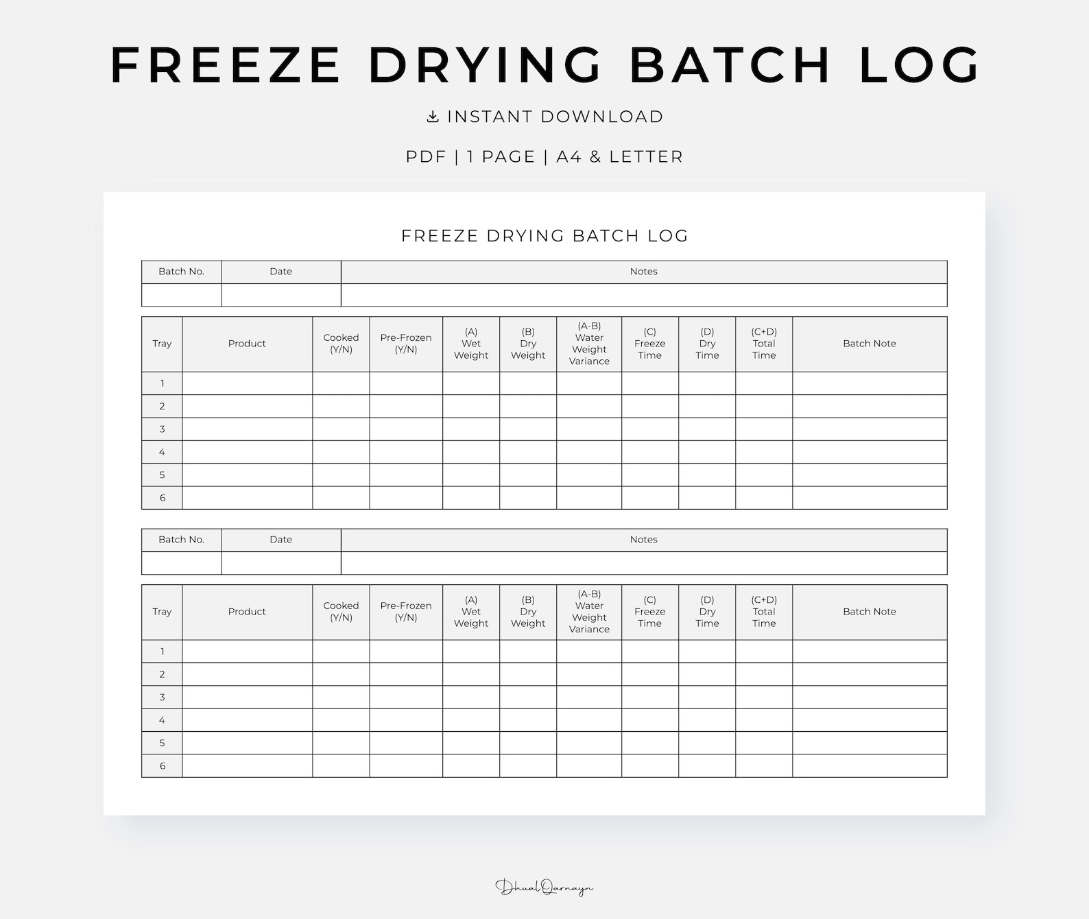 Freeze Drying Batch Log, Printable Food Batch Schedule, A4 & Letter ...