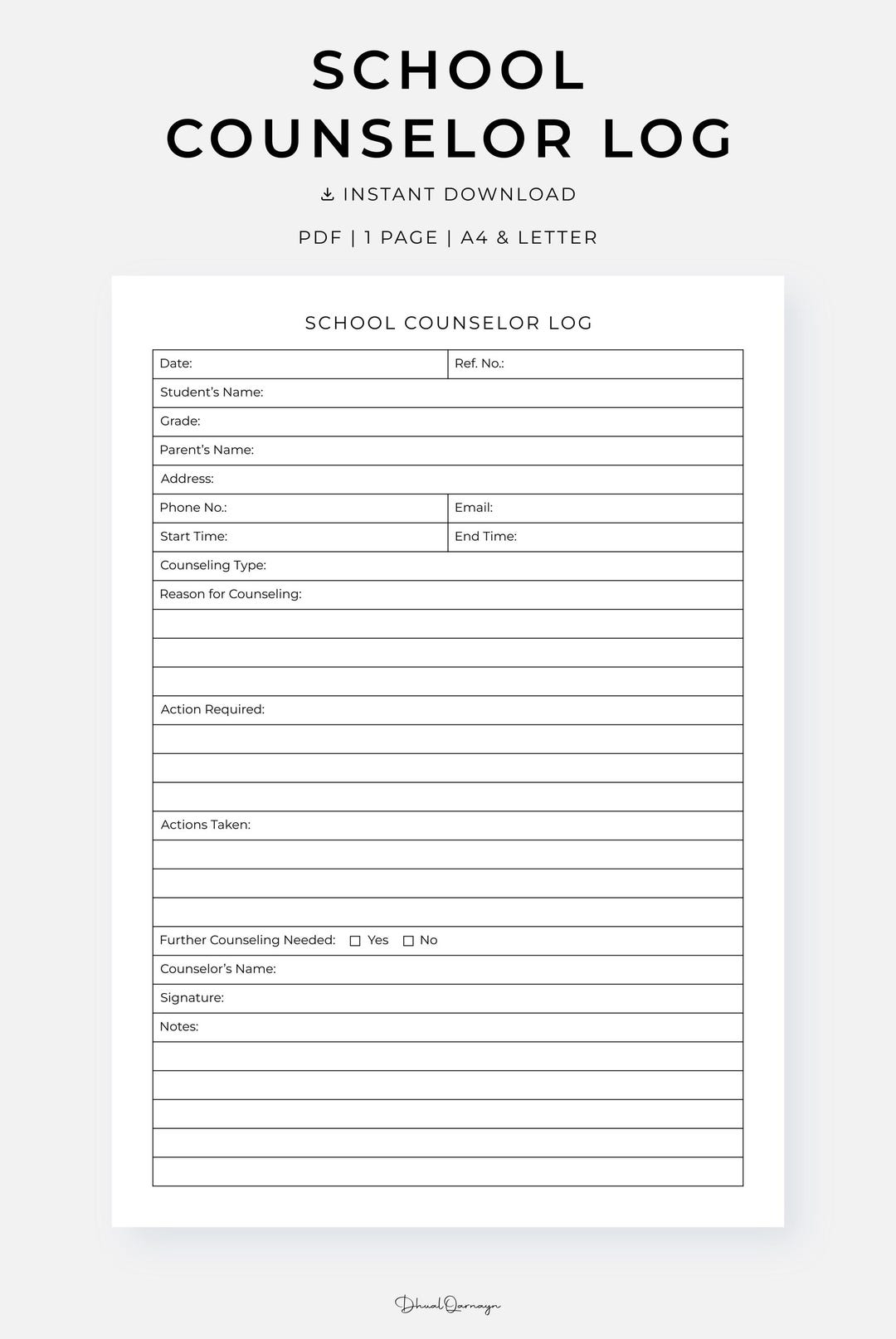 School Counselor Log, Printable Simple Counselling Student Record, PDF ...