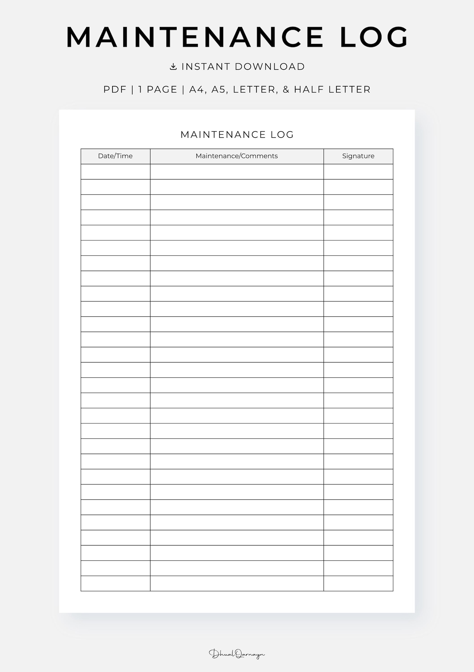 Maintenance Log Printable PDF, A4, A5, Letter, and Half Letter, Instant ...