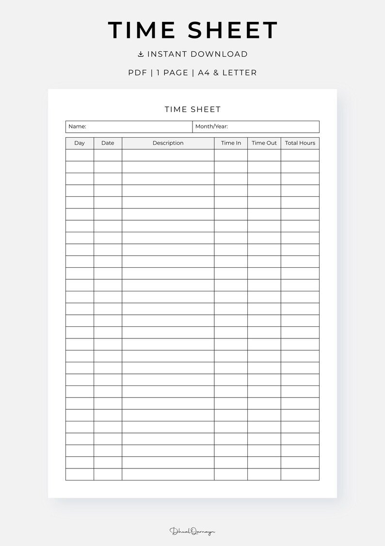 Printable Time Sheet, Employee Time Sheet, Work Hours Log, Timekeeping ...