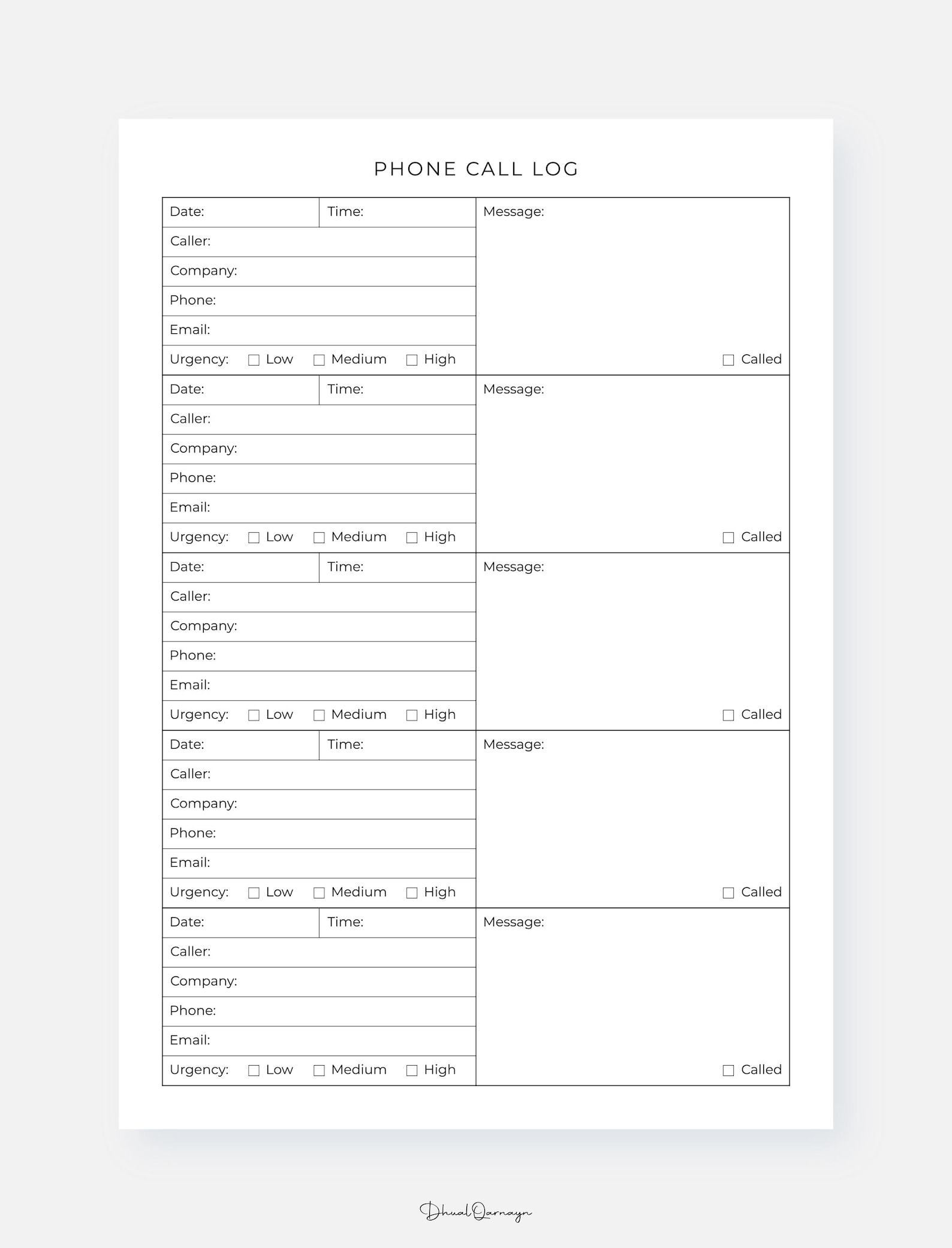 Phone Call Log Printable PDF, Telephone Message Log for Office ...