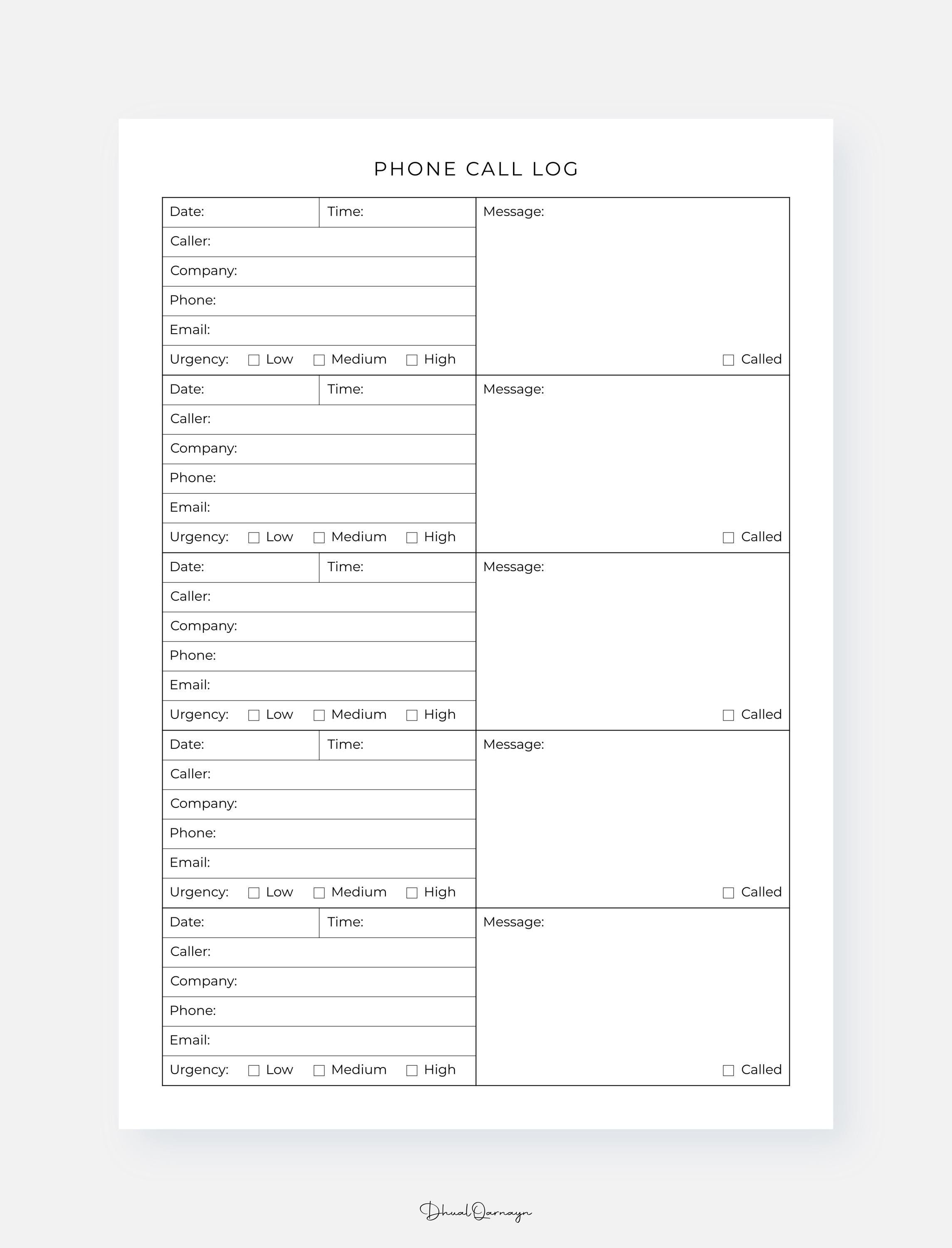 Phone Call Log Printable PDF, Telephone Message Log for Office ...