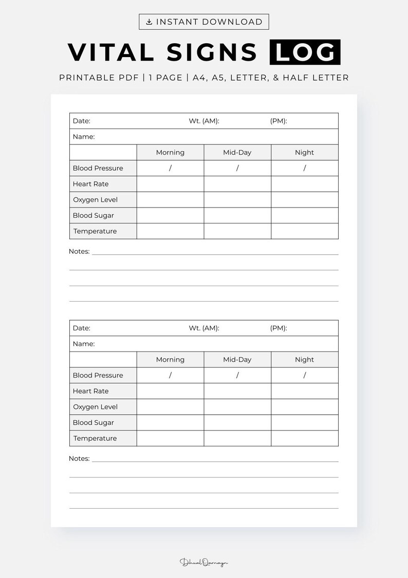 Vital Signs Log Printable PDF, Perfect for Tracking Heart Rate ...