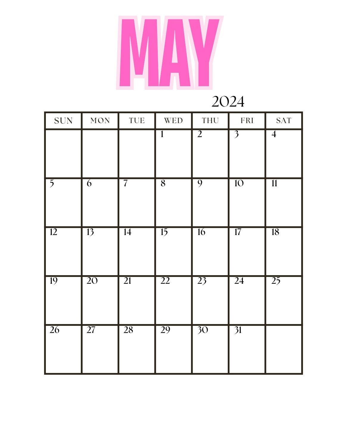 Simple May 2024 Calendar Printable - Etsy