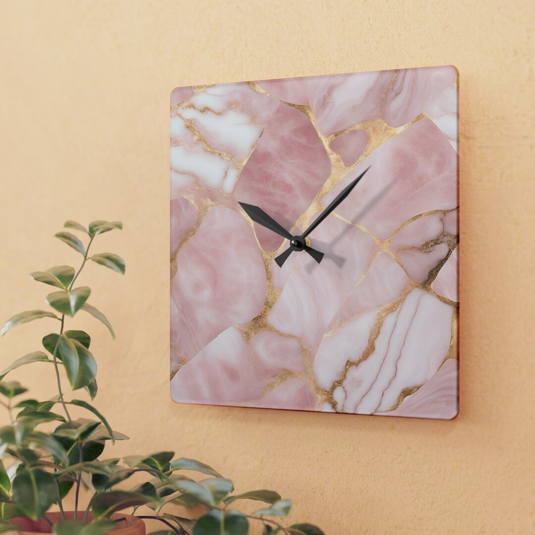 Rose Quartz Wall Clock Pink Marble Pattern With Gold Accents, Romantic ...