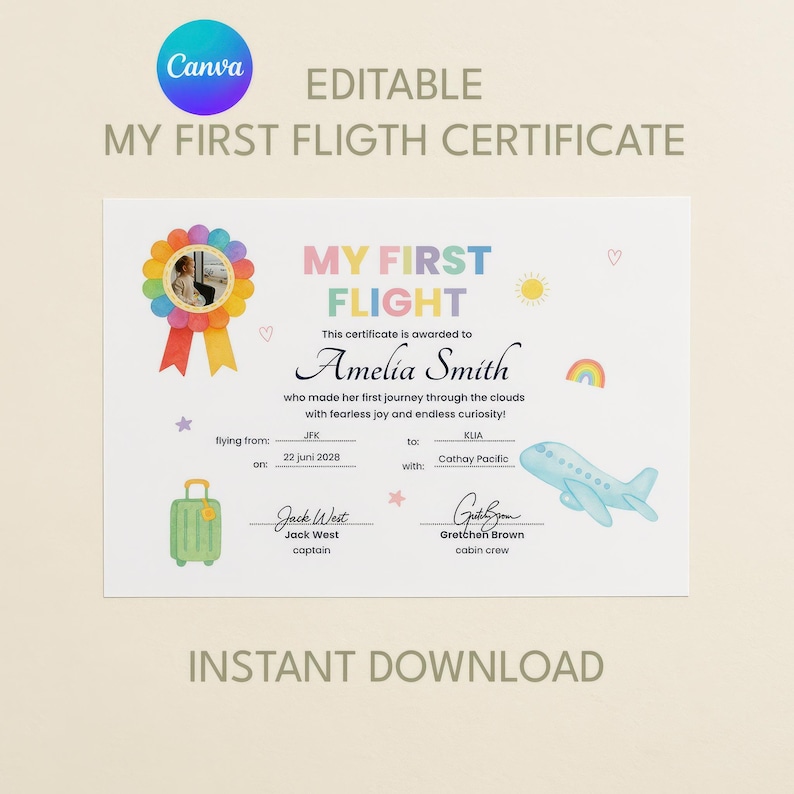 My First Flight Certificate – Customizable Watercolor Keepsake for Kids | First Flight Gift ...