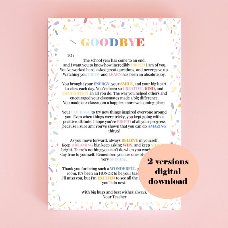 End of School Year Letter for Students – Last Day of School Gift From ...