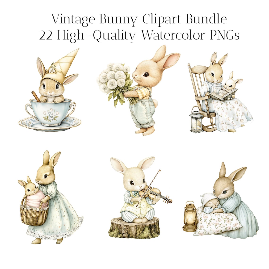 Vintage Bunny Clipart PNG – Spring Watercolor Rabbit Illustration, Cute ...