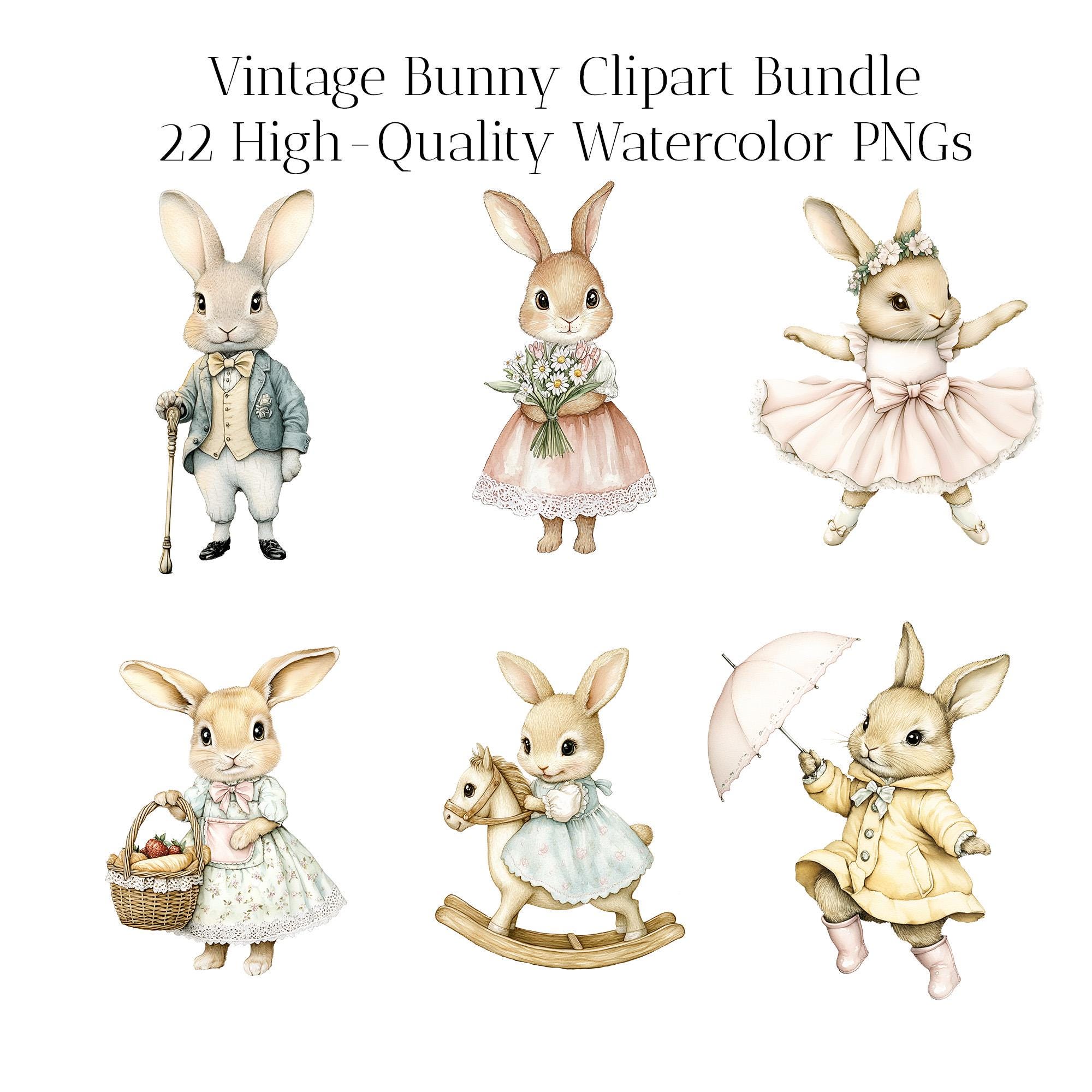 Vintage Bunny Clipart PNG – Spring Watercolor Rabbit Illustration, Cute ...