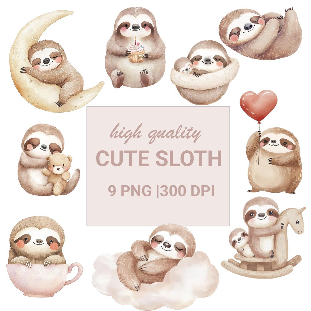 Cute Baby Sloth Clipart, Watercolor Woodland Animal PNG, Cute Sloth ...
