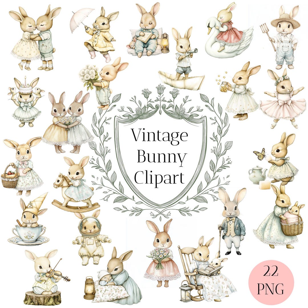 Vintage Bunny Clipart PNG – Spring Watercolor Rabbit Illustration, Cute ...