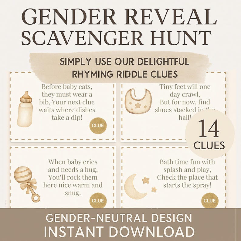 Gender Reveal Scavenger Hunt Clue Cards – Baby Shower Party Game ...
