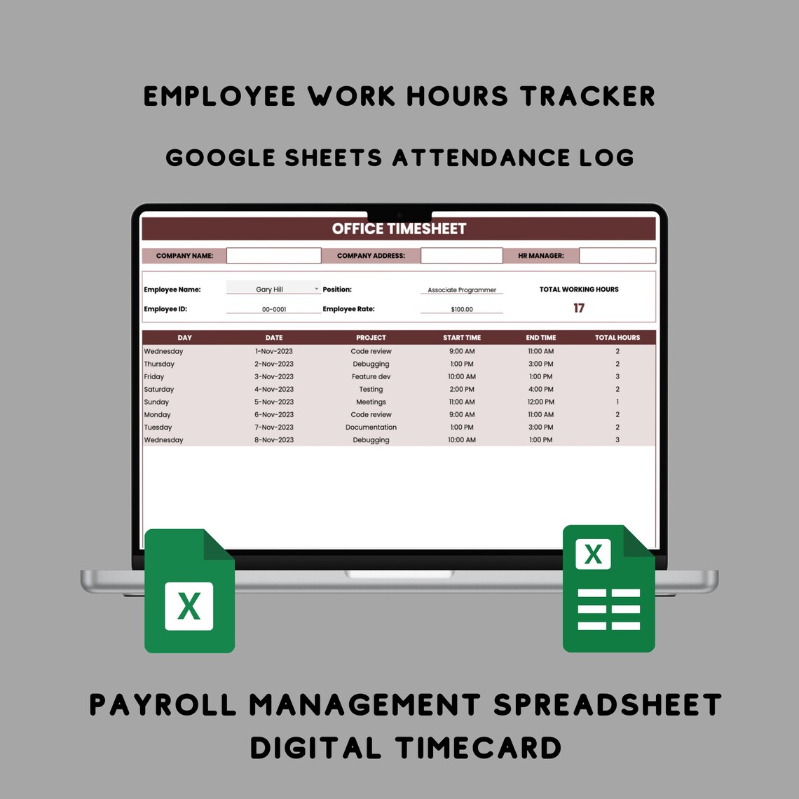 Office Timesheet Template for Google Sheets Easy & Editable Employee ...