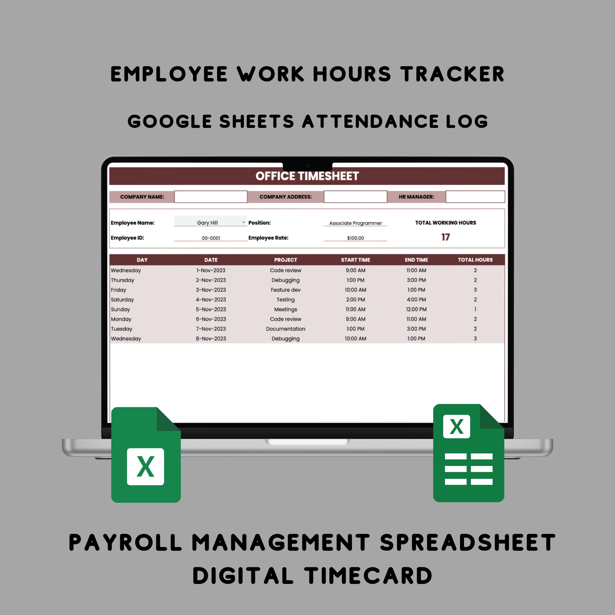 Office Timesheet Template for Google Sheets Easy & Editable Employee ...