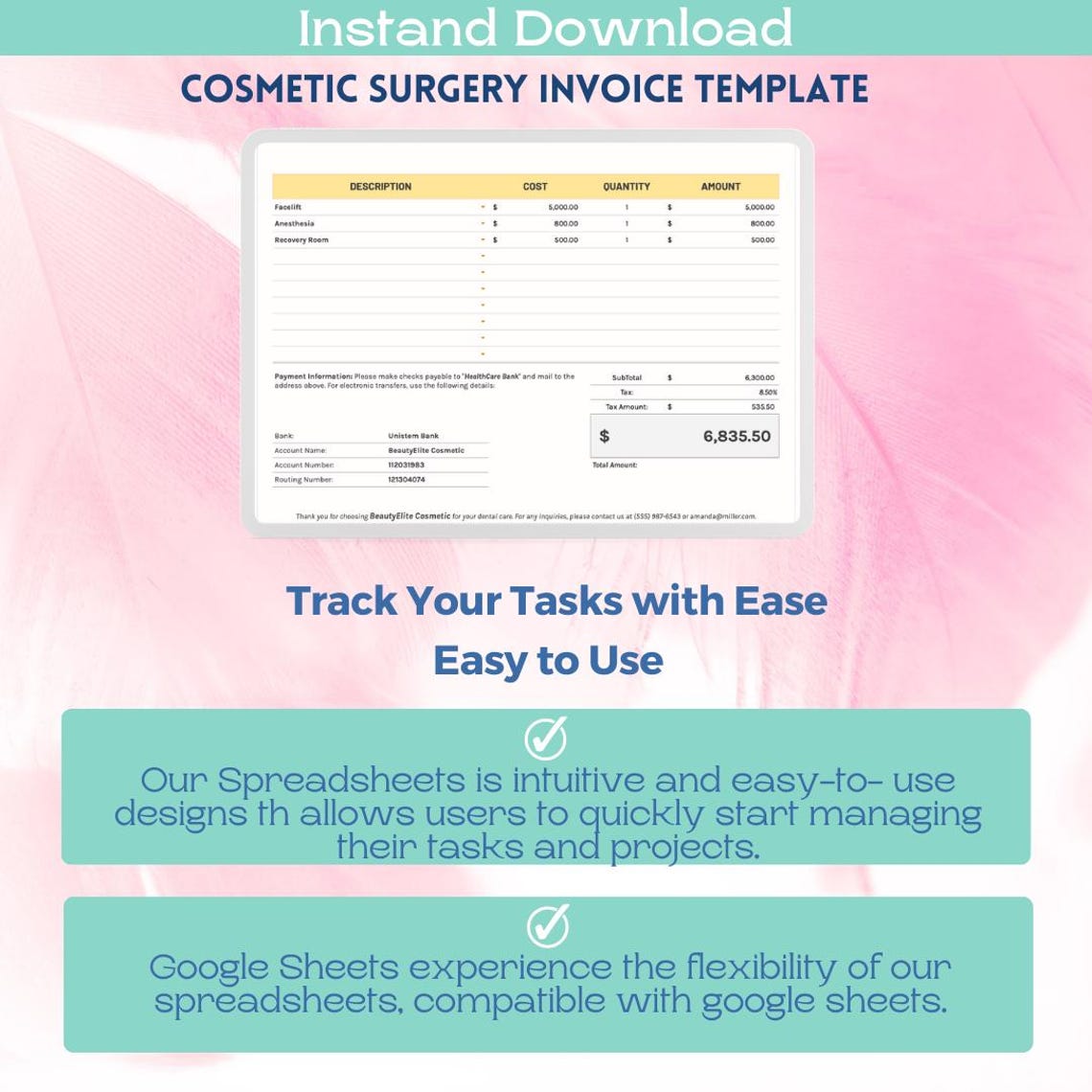 Cosmetic Surgery Invoice Template, Editable Google Sheets, Easy Digital ...