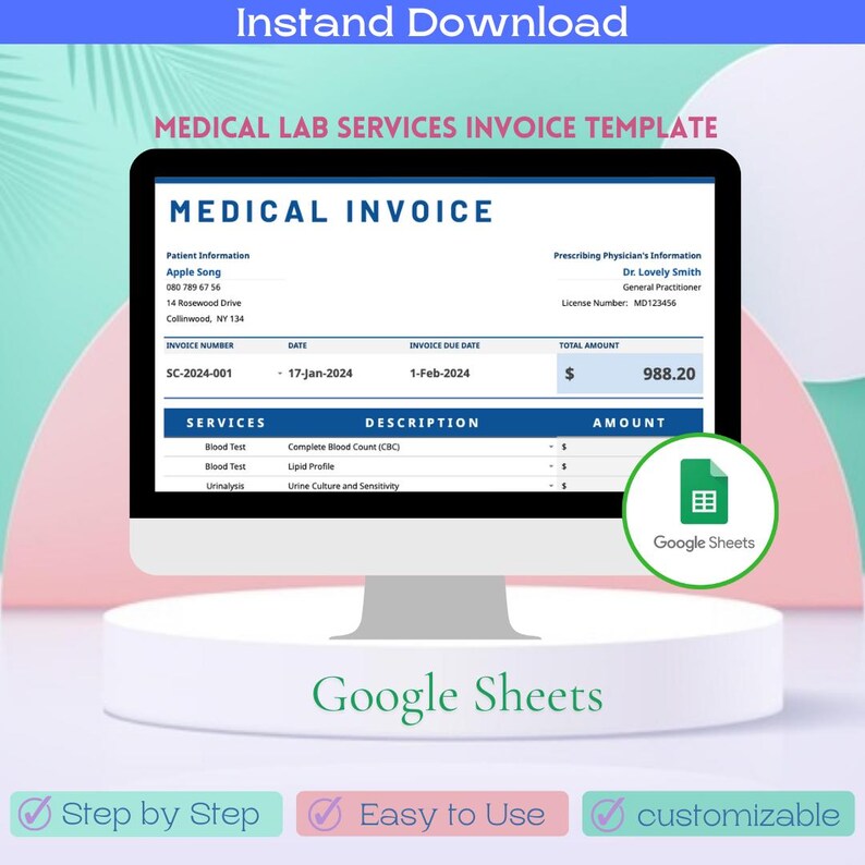 Medical Lab Services Invoice Template, Editable Google Sheets, Easy ...