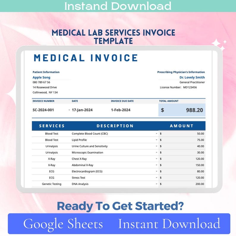 Medical Lab Services Invoice Template, Editable Google Sheets, Easy ...