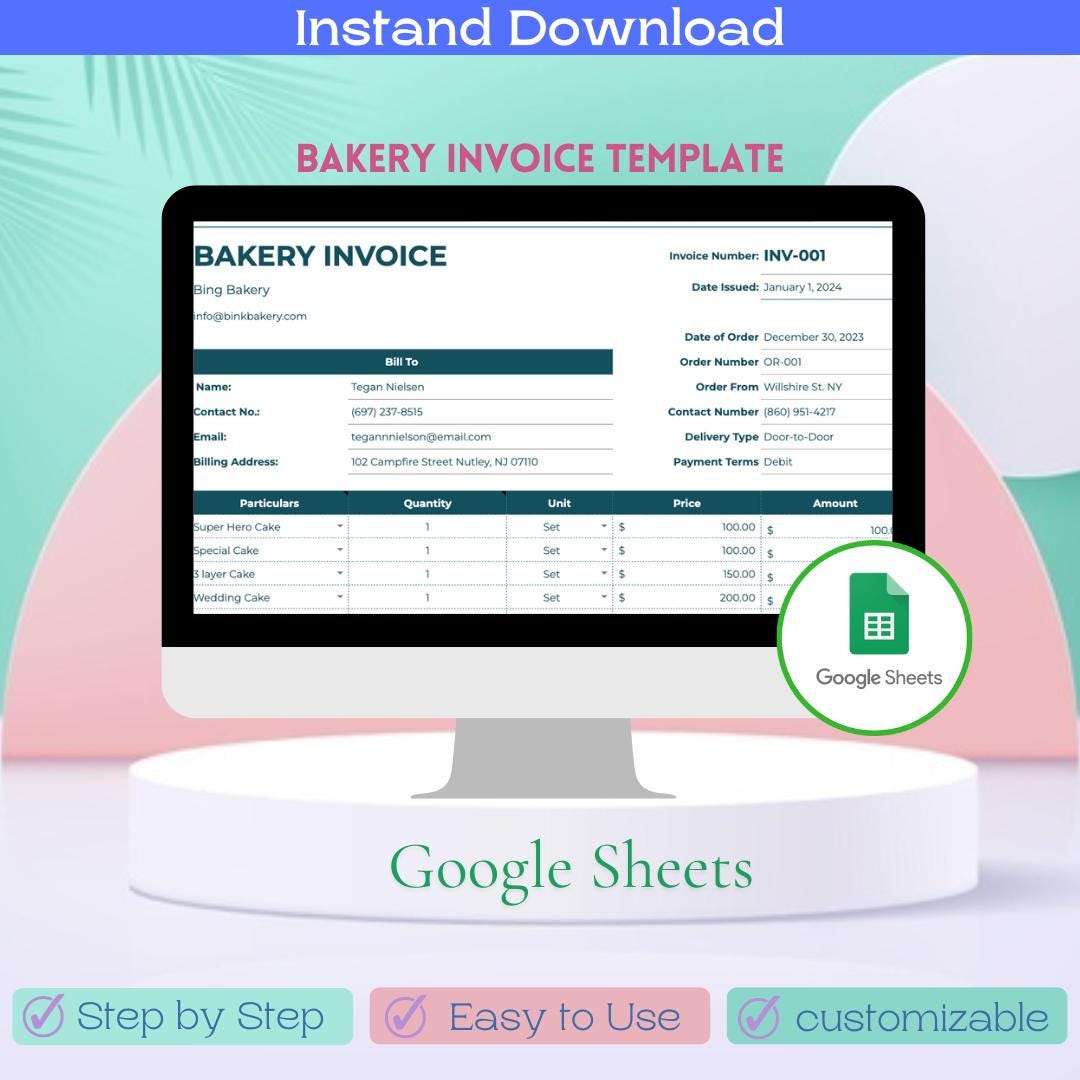 Bakery Invoice Template, Editable Google Sheets, Easy Digital Download ...