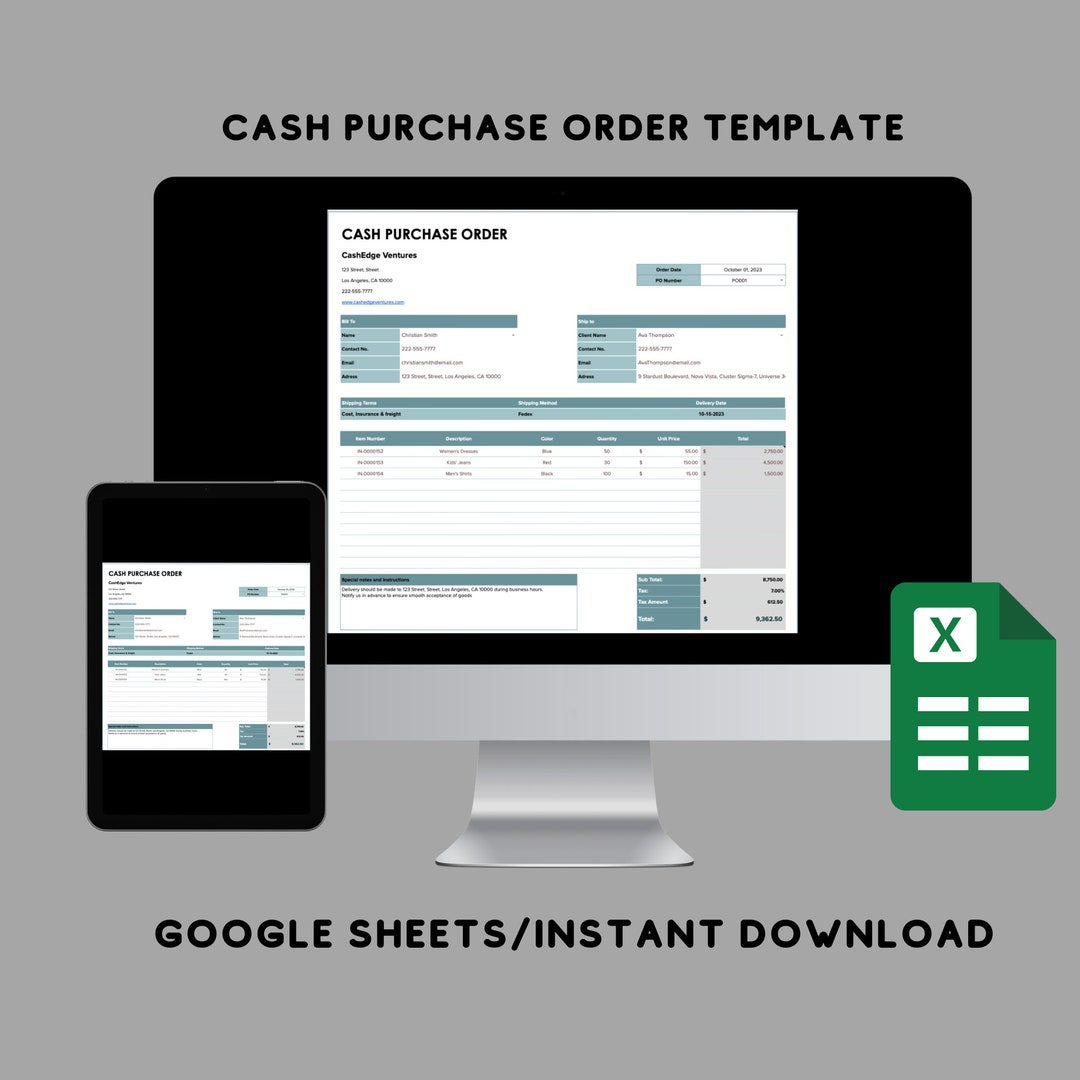 Cash Purchase Order Template for Google Sheets Small Business Easy-to ...