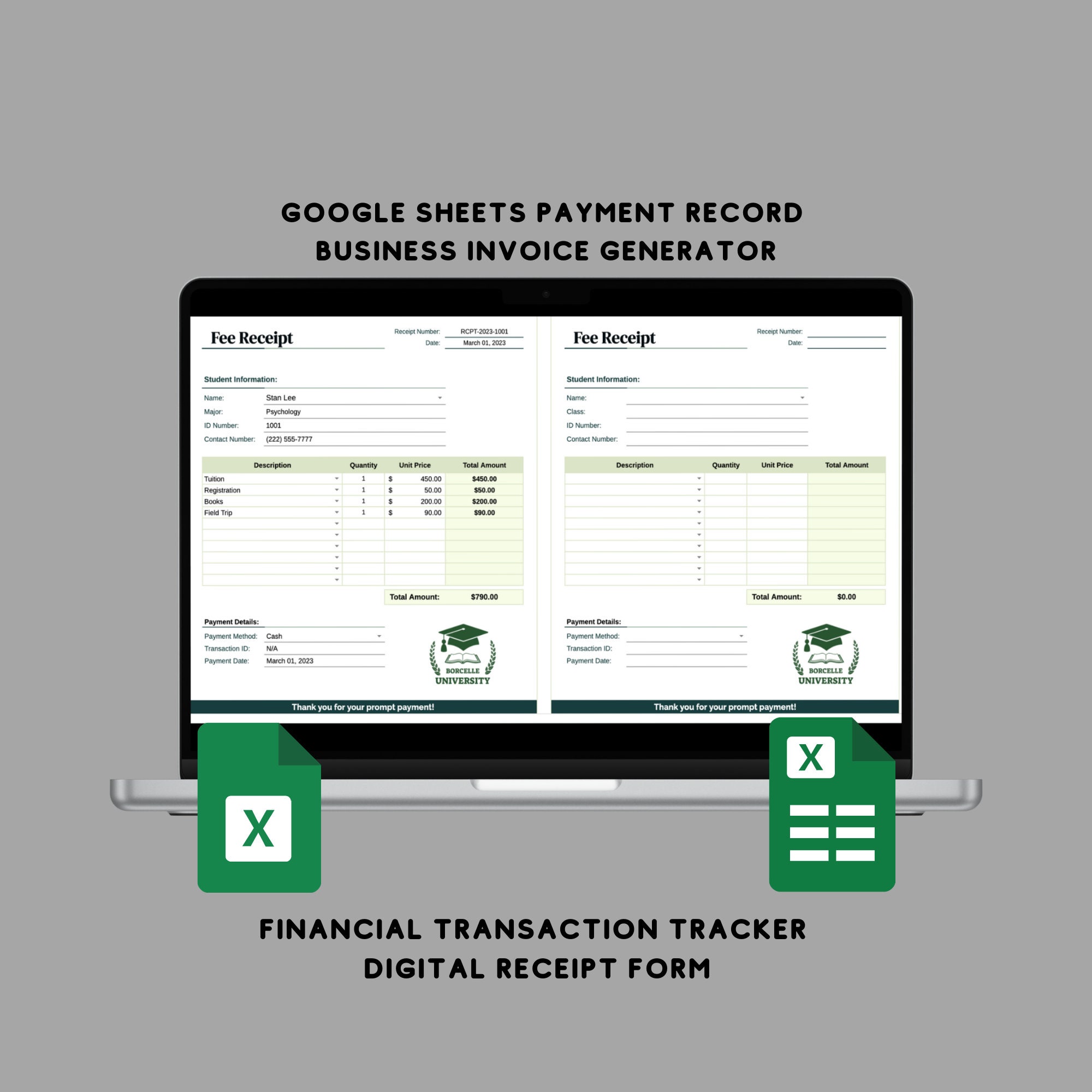 Fee Receipt Template, Google Sheets Format, Printable Invoice, Payment ...