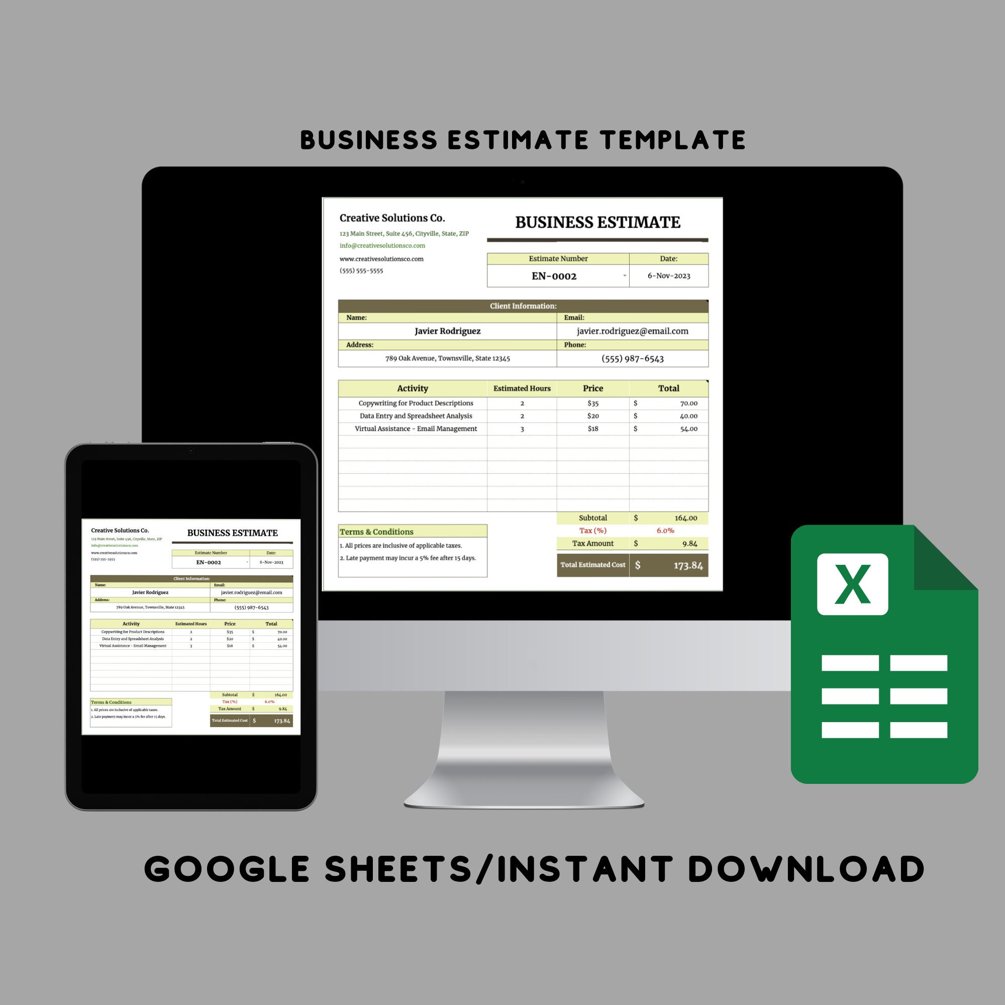 Business Estimate Template, Google Sheets Format, Professional Business ...