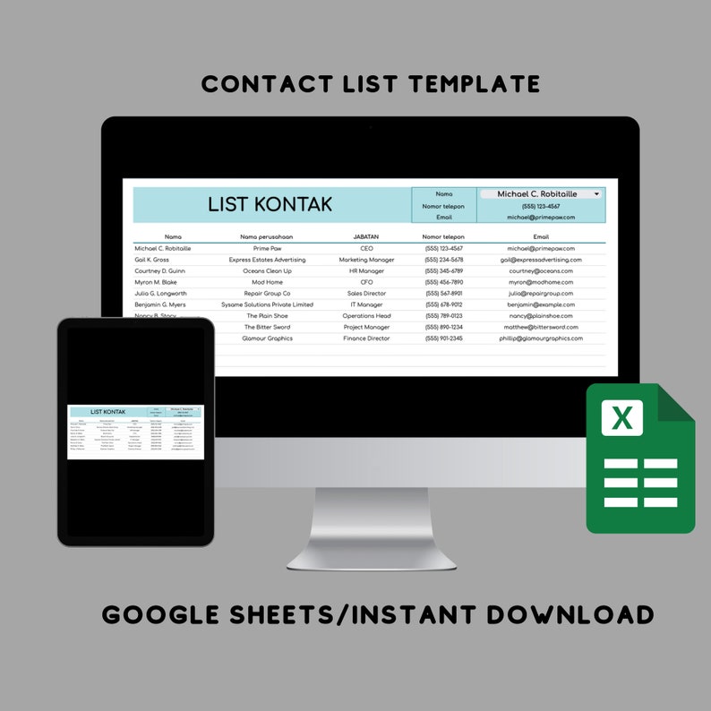 Contact List Template for Google Sheets Editable Easy-to-use Spreadsheet Organize Personal ...