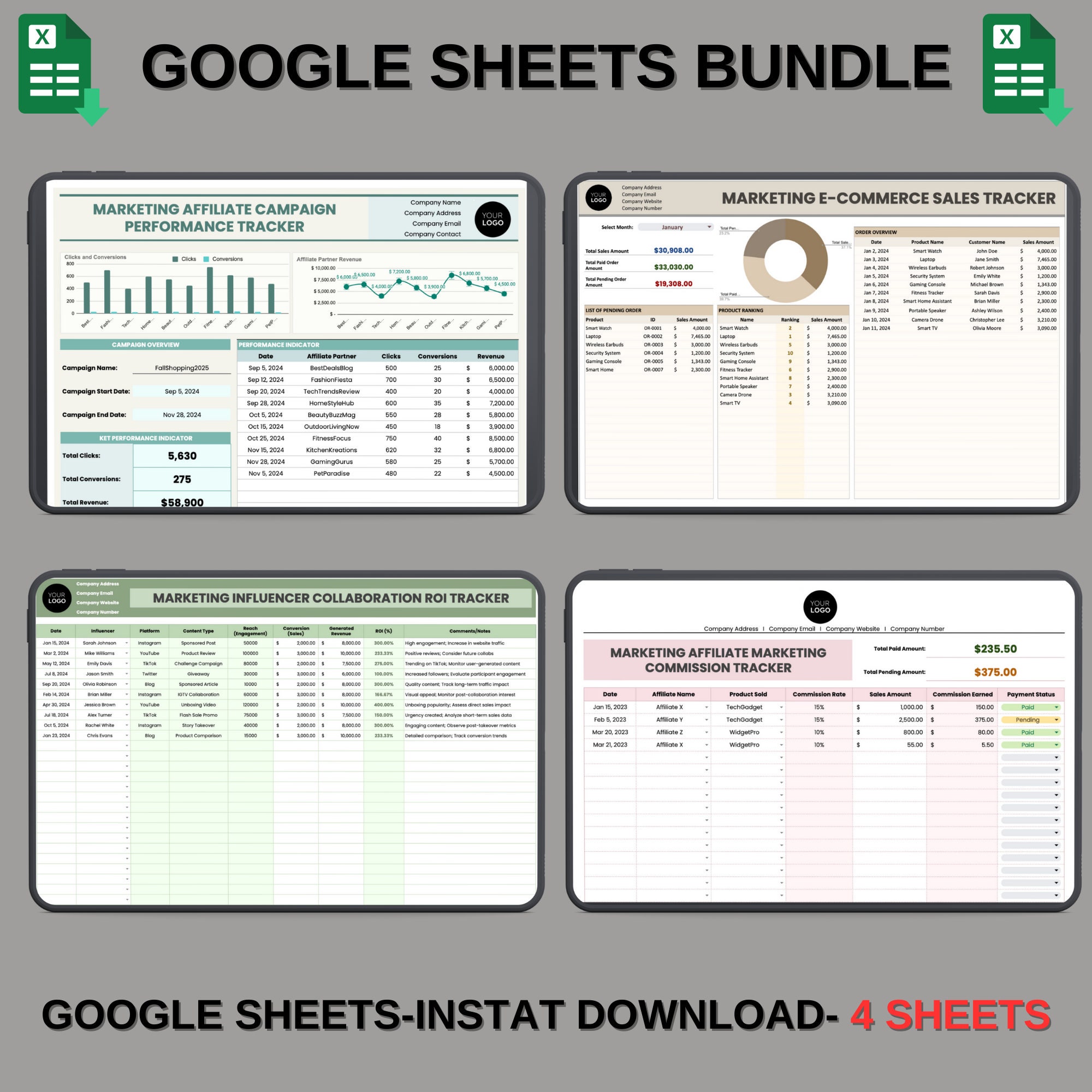 Marketing Tracker Template Set Bundle Affiliate Campaign, E-commerce ...