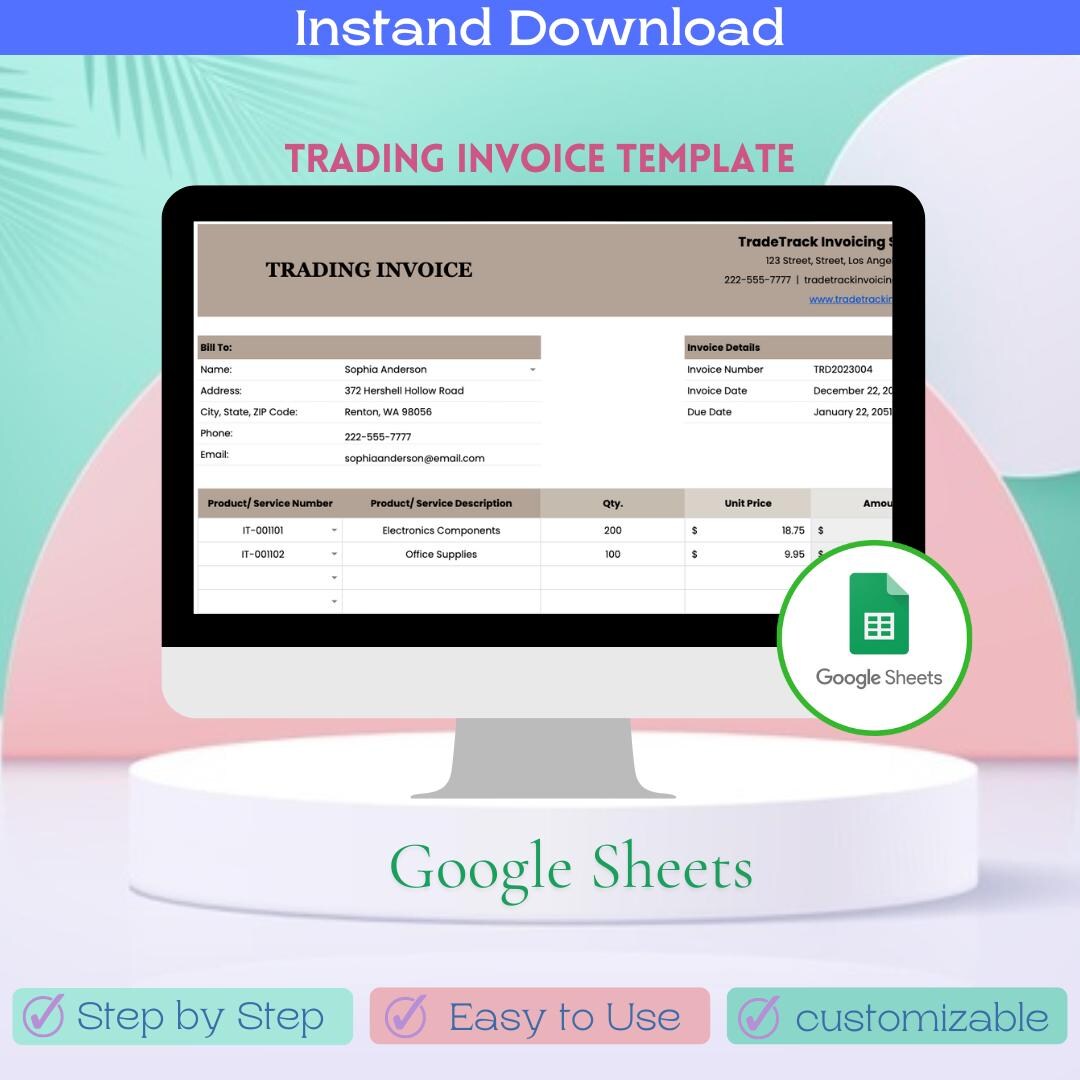 Trading Invoice Template, Editable Google Sheets, Easy Digital Download ...