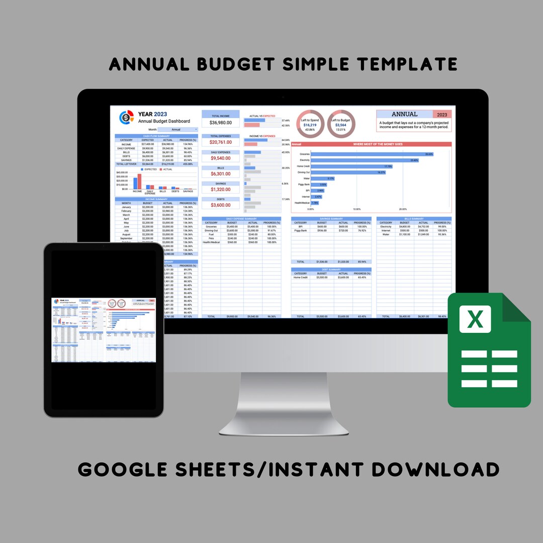 Annual Budget Simple Template, Google Sheets Financial Planner, Yearly ...