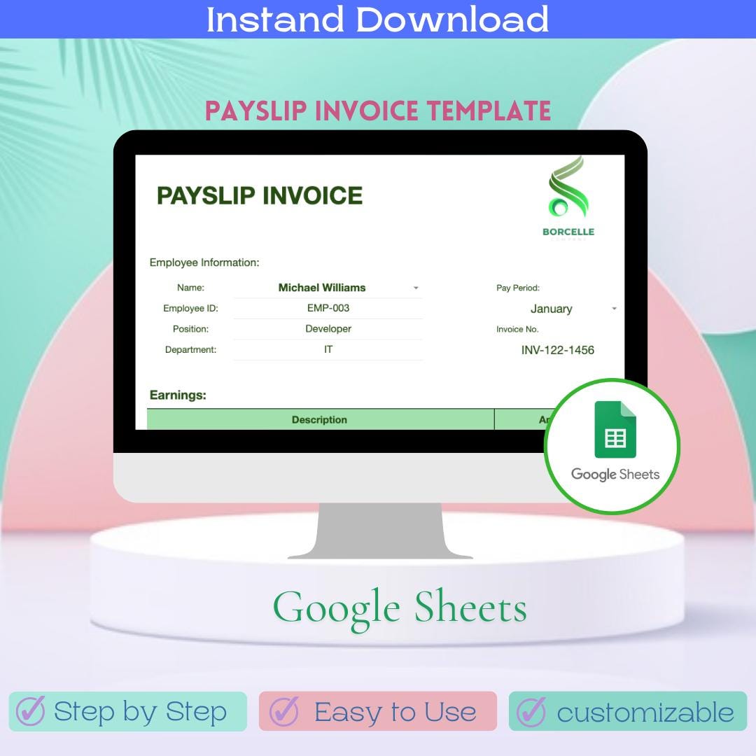 Payslip Invoice Template, Editable Google Sheets, Easy Digital Download ...