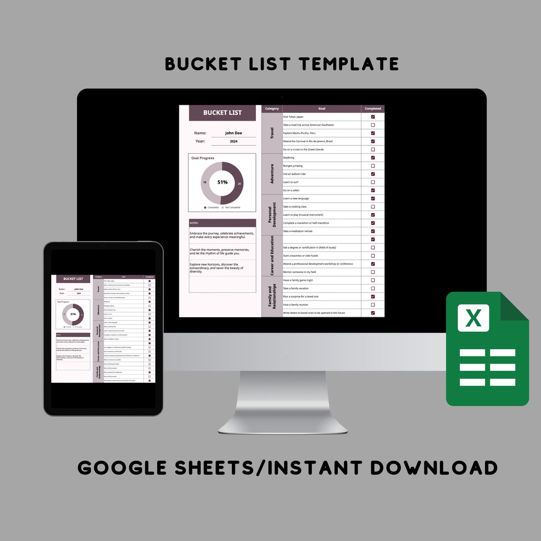 Bucket List Template,google Sheets Adventure Planner,personal Goal ...