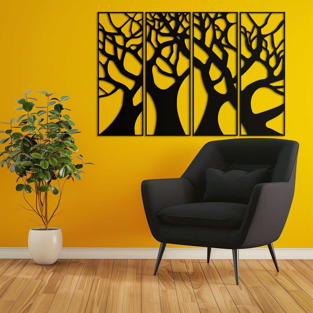 Metal Tree Line Wall Art, Four Trees Metal Wall Decor, Modern Tree Line ...
