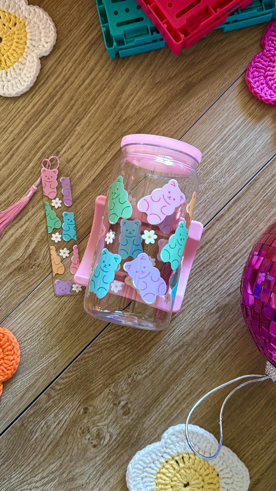 Glass Can Cup - Gummy Bears Cup - Cup With Bamboo Lid and Glass Straw ...