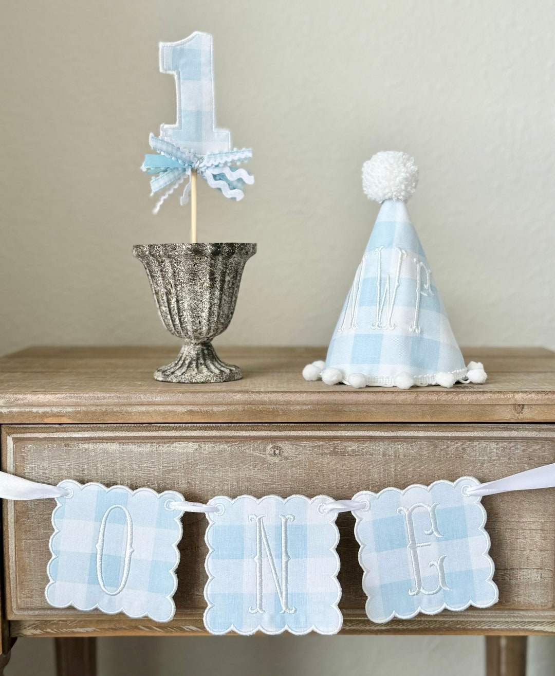 Gingham Customized Embroidered Birthday Hat, Banner, and Cake Topper ...