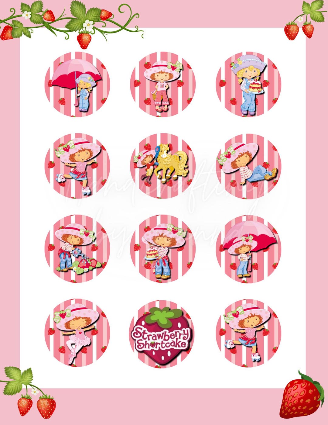 Strawberry Digital Cupcake Toppers, Strawberry Printable Cupcake ...