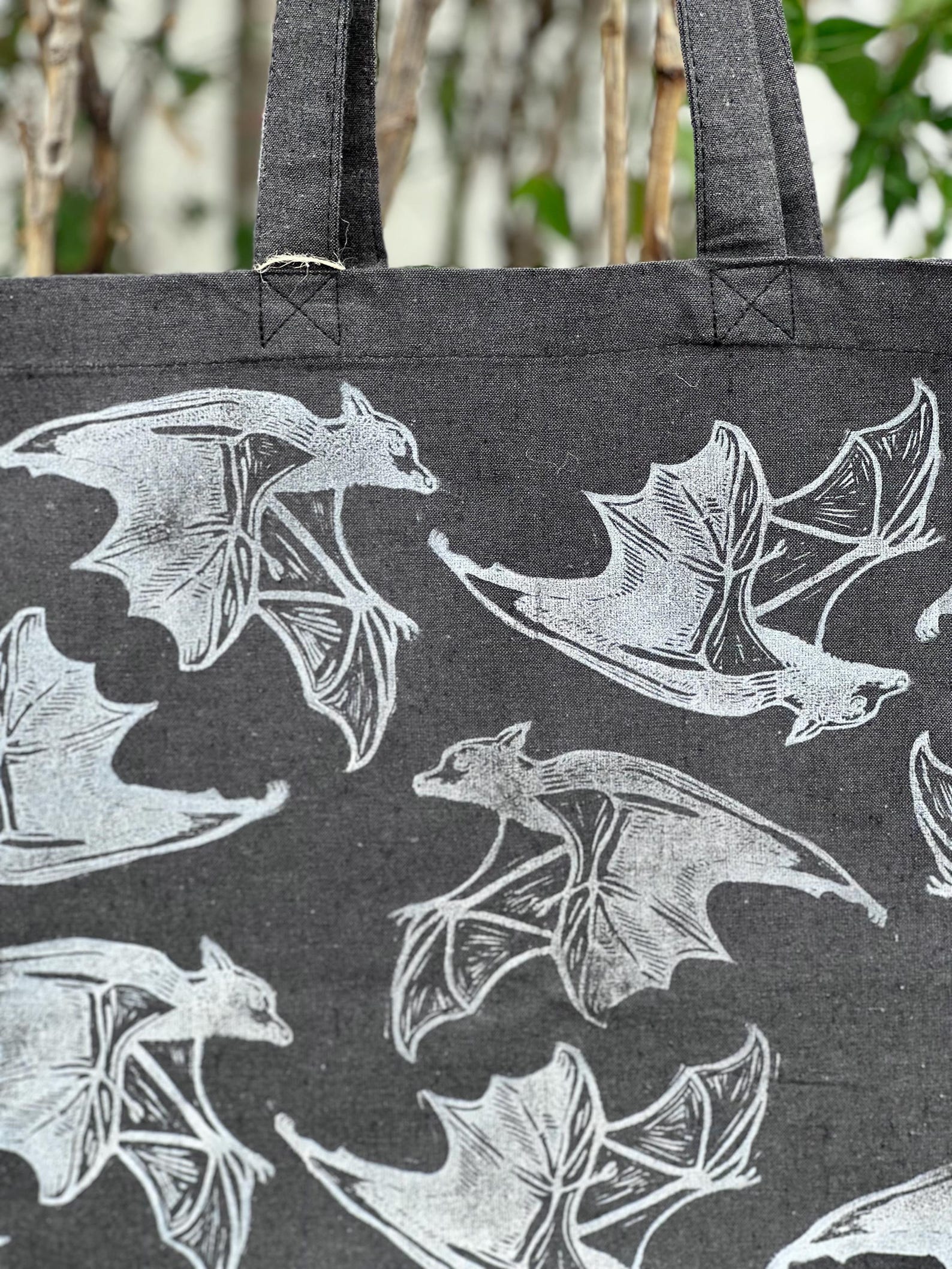 Hand Printed (block Print/linocut) Cotton Tote Bag With All Over Bats ...