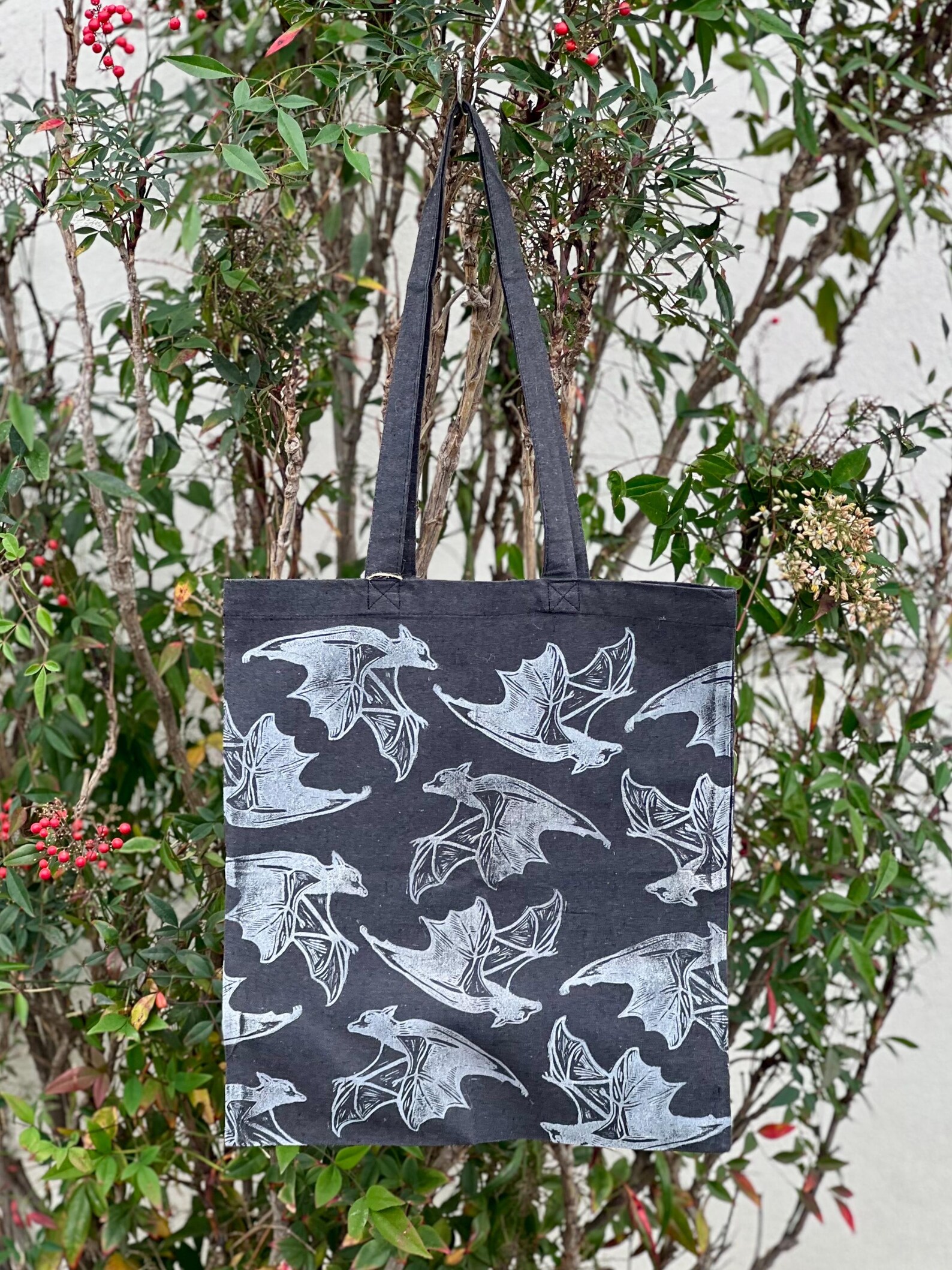 Hand Printed (block Print/linocut) Cotton Tote Bag With All Over Bats ...