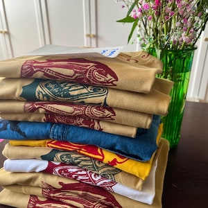 Hand Printed (block Print/linocut) Tee Shirt W/ Vintage Tinned Sardines ...