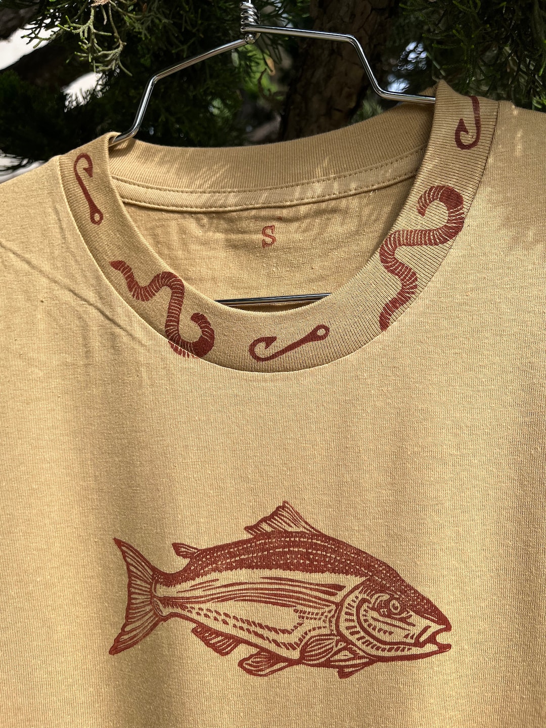 Hand-printed Salmon Tee: Maroon Red Linocut, Hand Printed Cotton Shirt ...