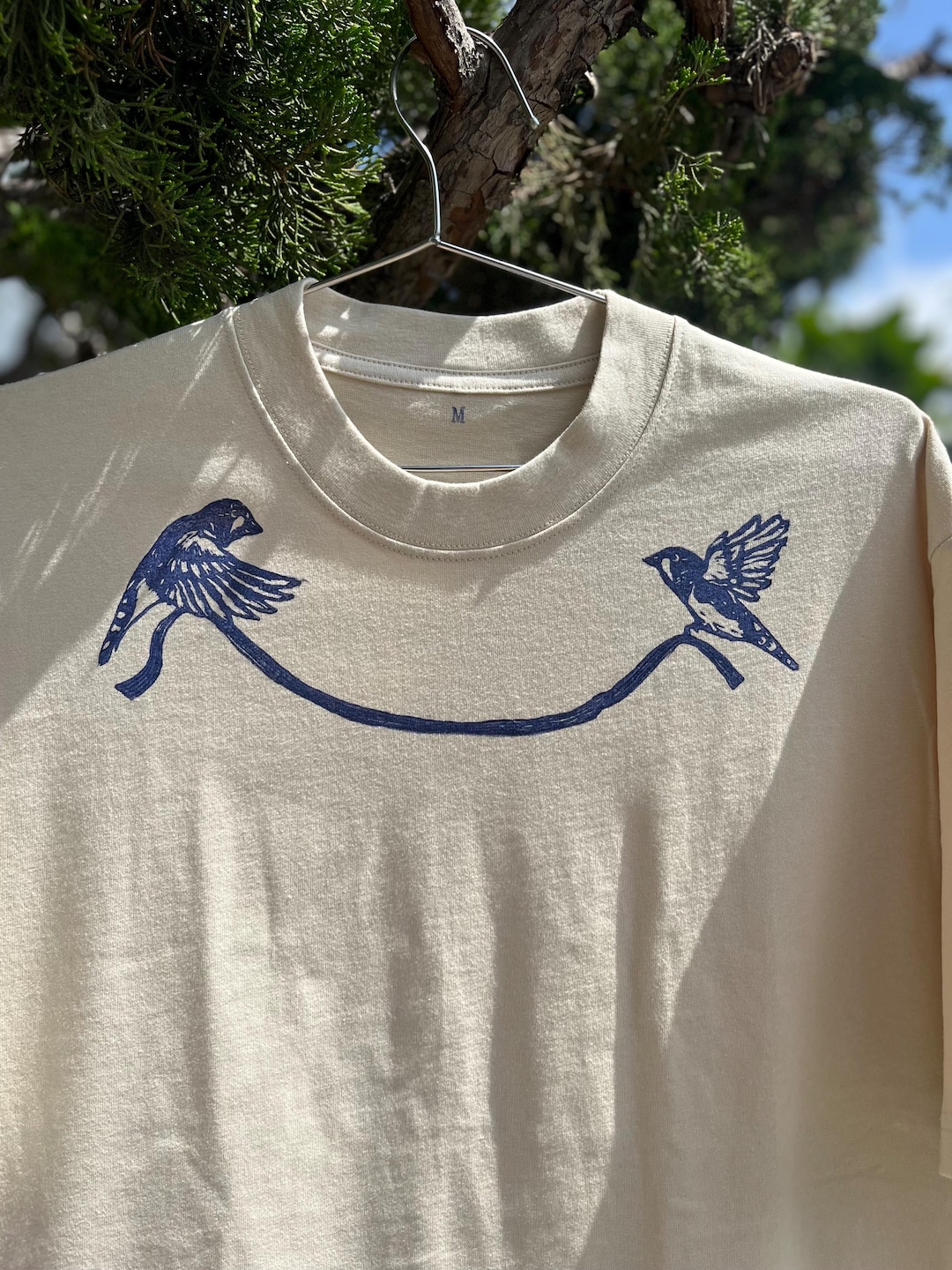 Hand Printed Birds Cotton Tee: Linocut Block Print, Bow Sleeve - Etsy