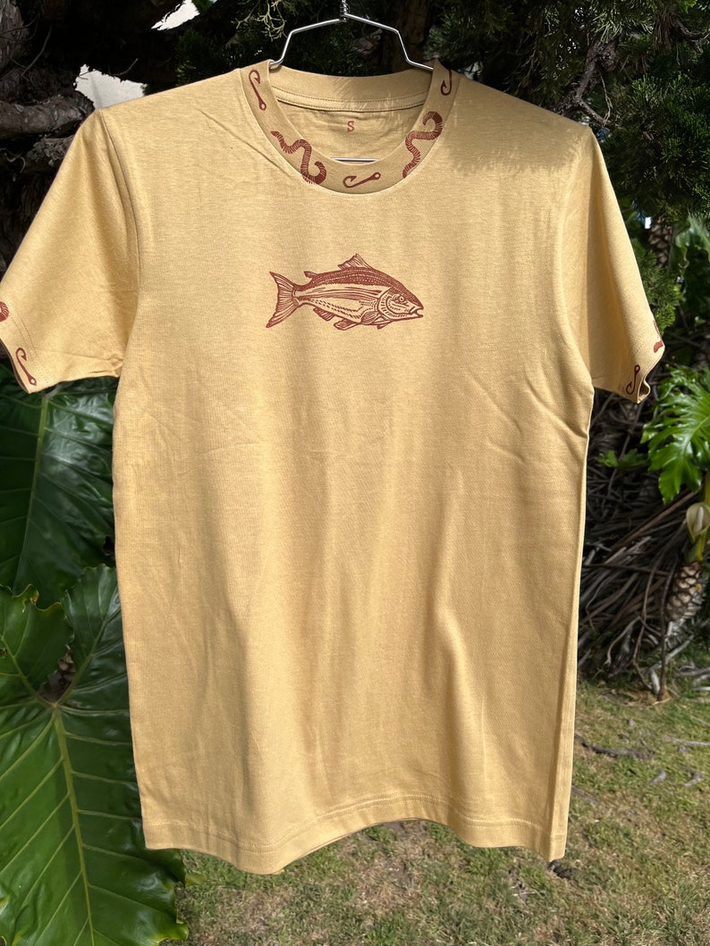 Hand-printed Salmon Tee: Maroon Red Linocut, Hand Printed Cotton Shirt ...